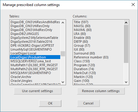 Configure Table specific Column Settings