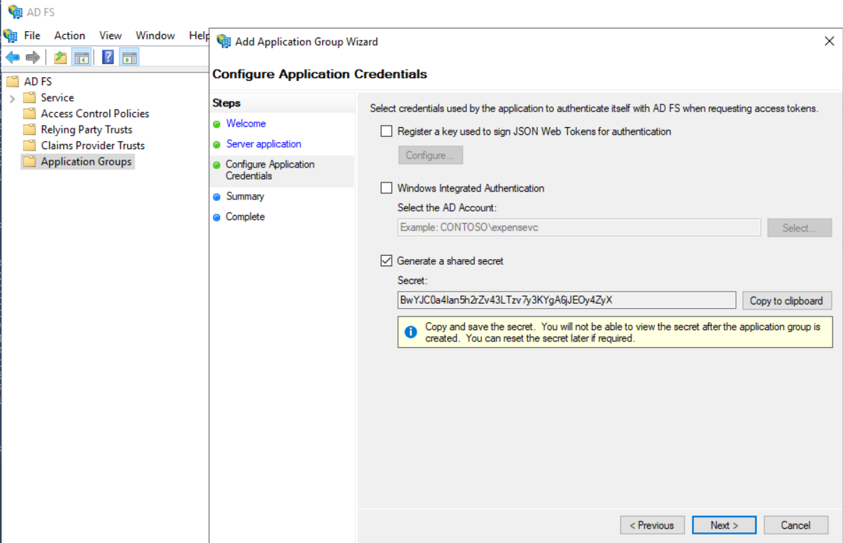 Create an AD FS Application Group for confidential clients like SAF-based components (password ...